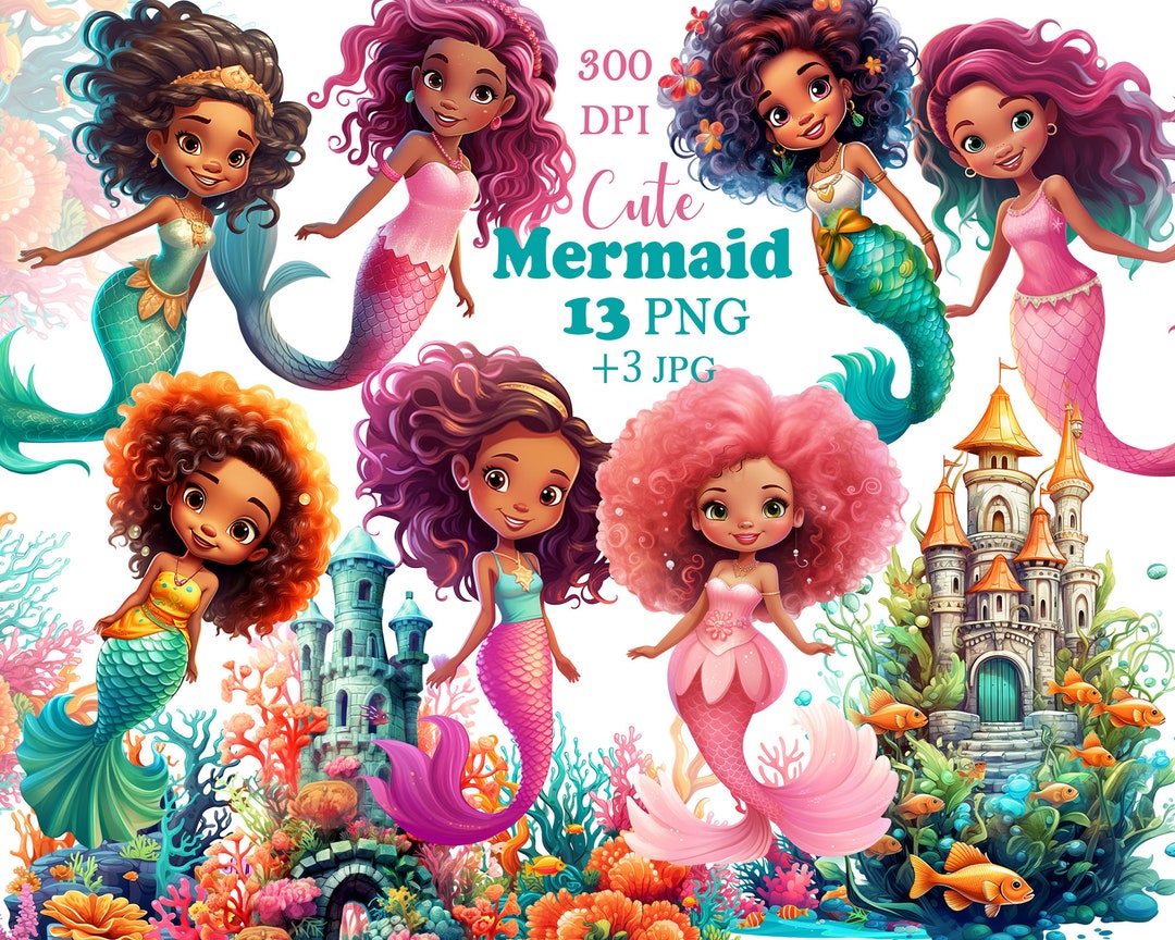 Black Mermaid Clipart African American Mermaid PNG, Cute Little ...