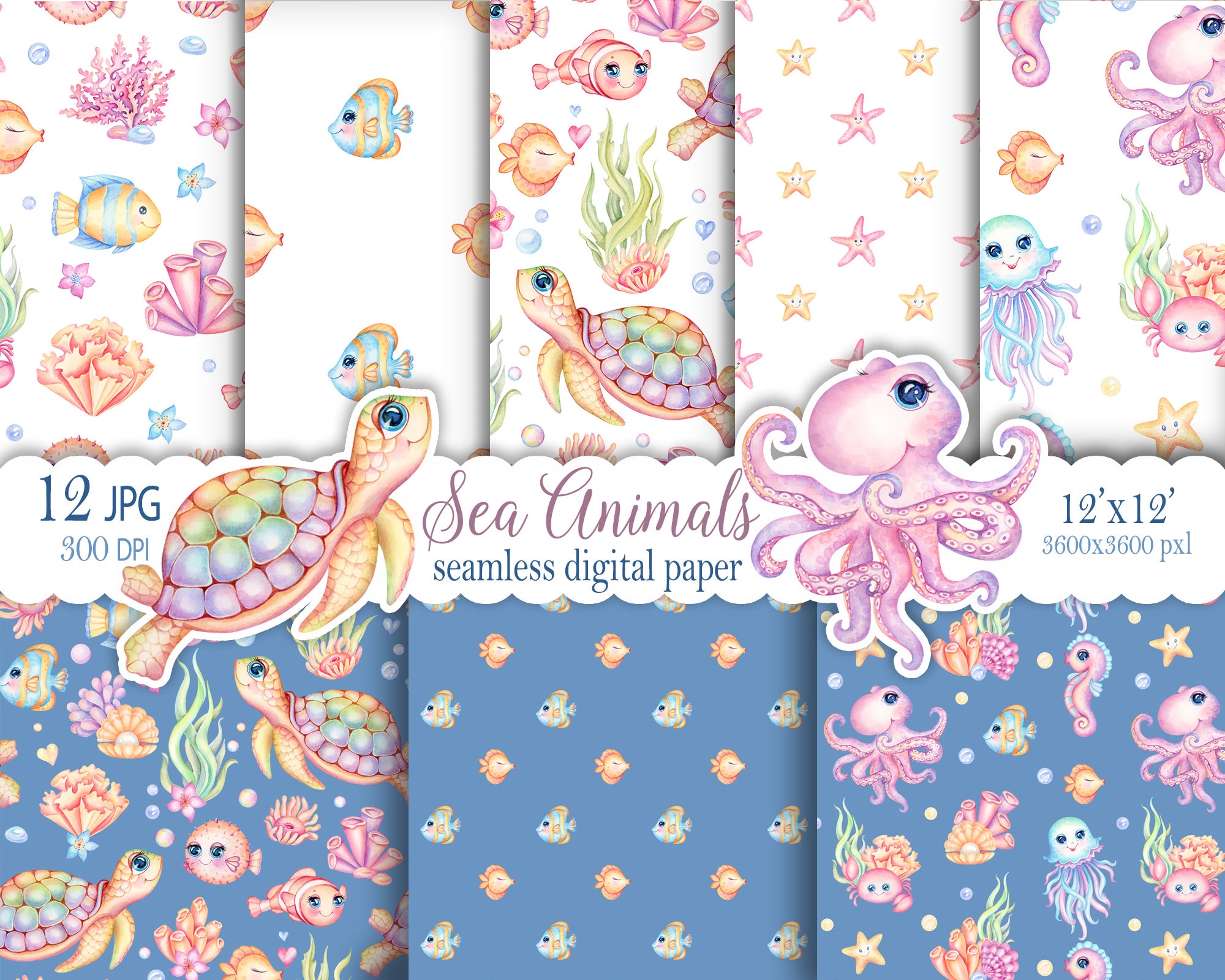 Sea Animals Digital Paper Watercolor Ocean Seamless Pattern - Etsy