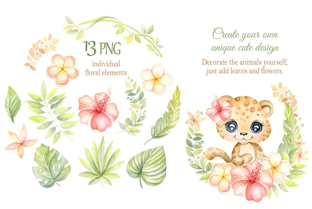 Safari Animals Watercolor Clipart, Cute Jungle Baby Animals Clipart ...