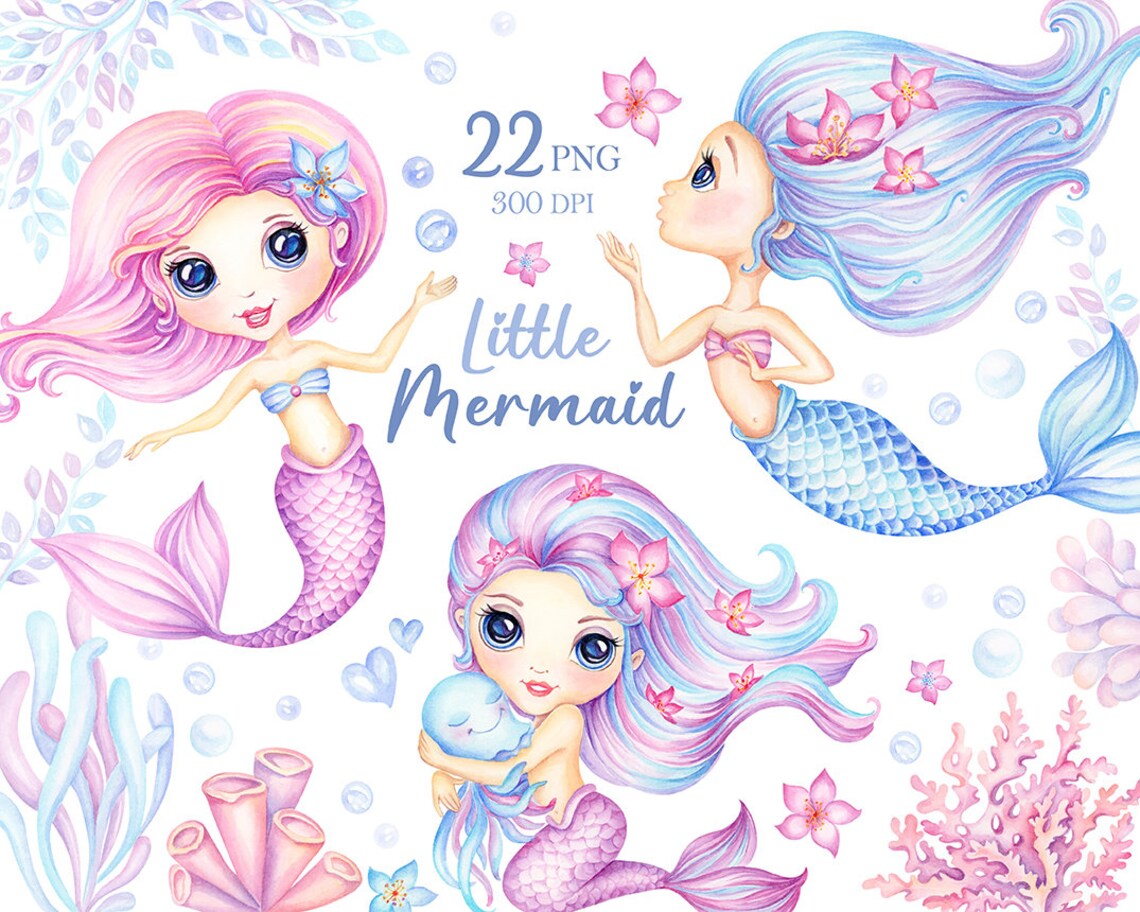Mermaid Clipart Cute Mermaid PNG Little Mermaids Watercolor - Etsy
