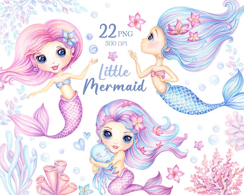 Mermaid Clipart, Cute Mermaid PNG, Little Mermaids Watercolor Clipart ...