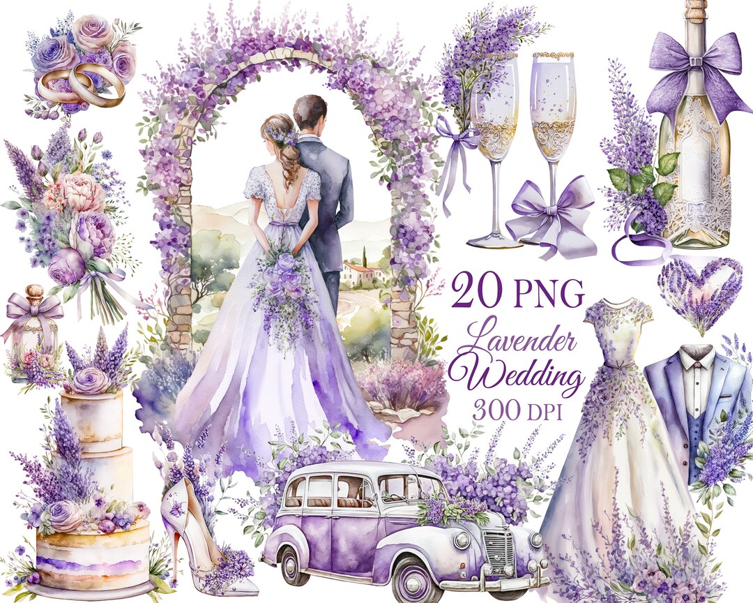 Lavender Wedding Clipart, Watercolor Lavender Flowers Bundle PNG ...
