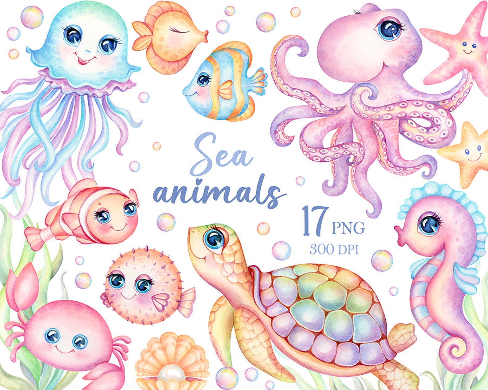 Sea Animal Watercolor Clipart, Under the Sea Creatures PNG, Underwater ...