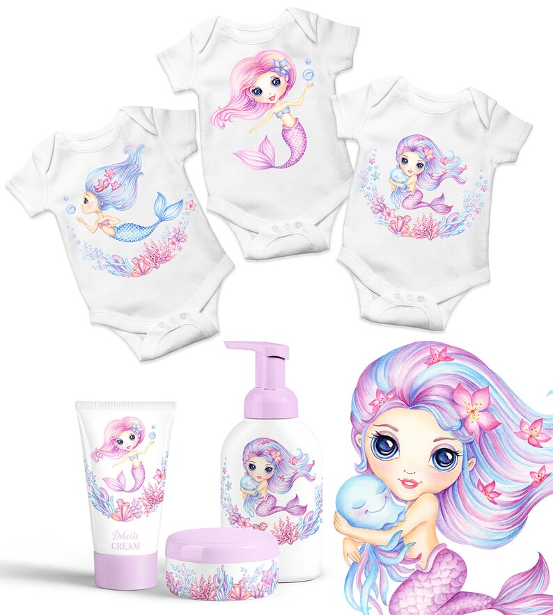 Mermaid Clipart, Cute Mermaid PNG, Little Mermaids Watercolor Clipart ...