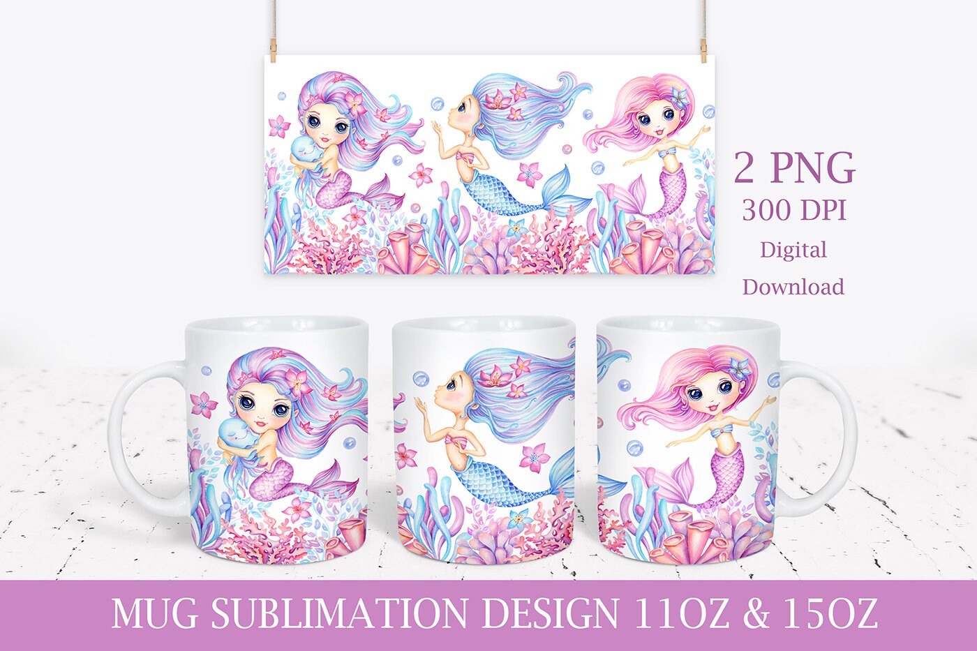 Mermaid Sublimation Wrap PNG Little Mermaid Mug Wrap Design - Etsy