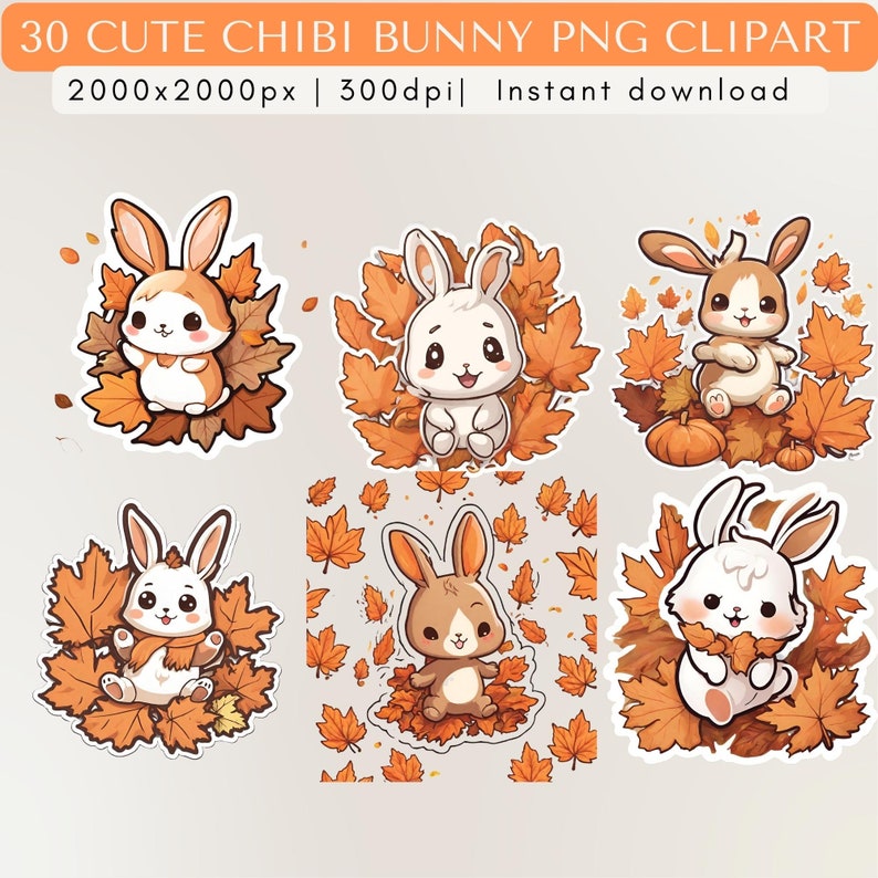 Chibi Bunny Clipart Png, Bunny Sticker , Maple Leaf Art, Playful Bunny ...