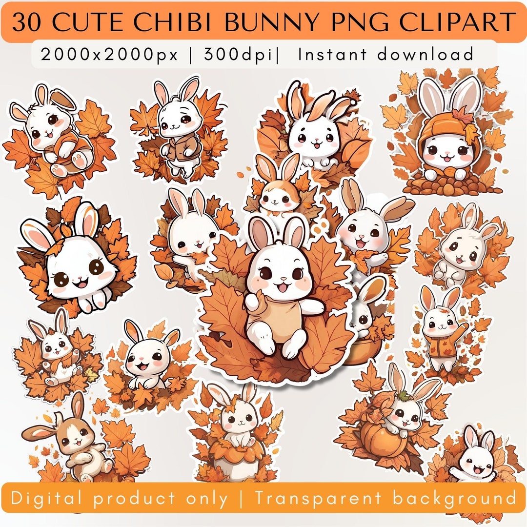 Chibi Bunny Clipart Png, Bunny Sticker , Maple Leaf Art, Playful Bunny ...