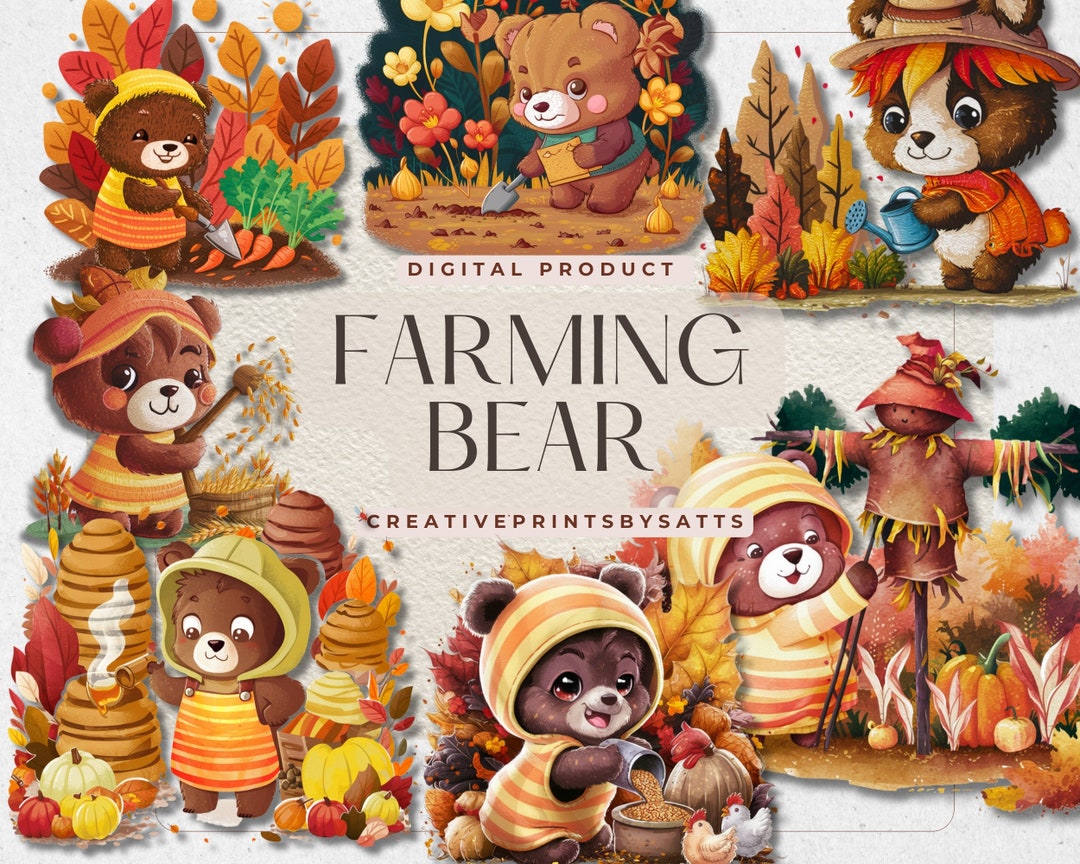 Autumn Farmer Bear Sticker Set of 20 , Harvest Stickers, Farming ...