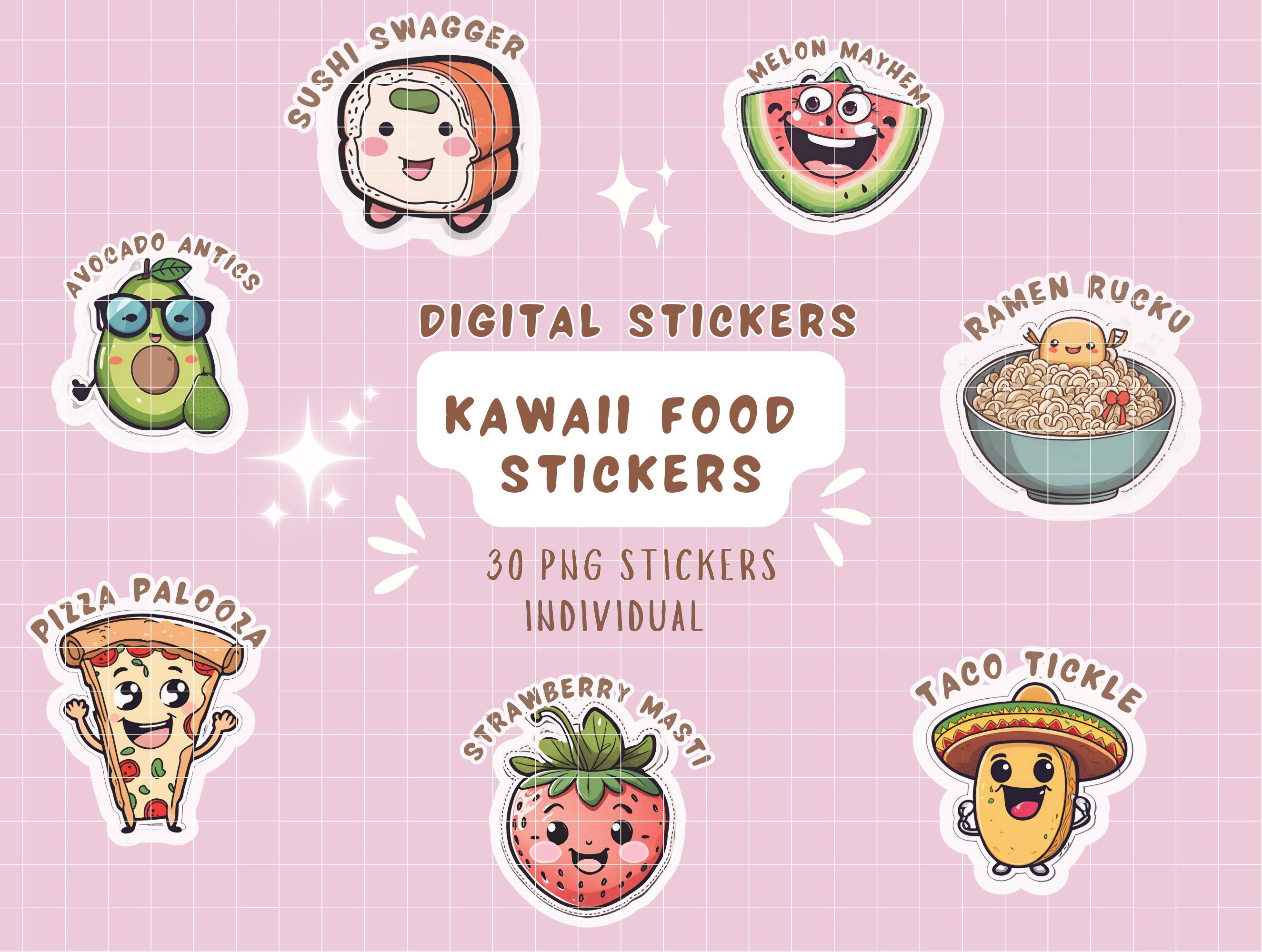 30 Kawaii Food, Doodle Stickers, Planners Kawaii Stickers, Transparent ...