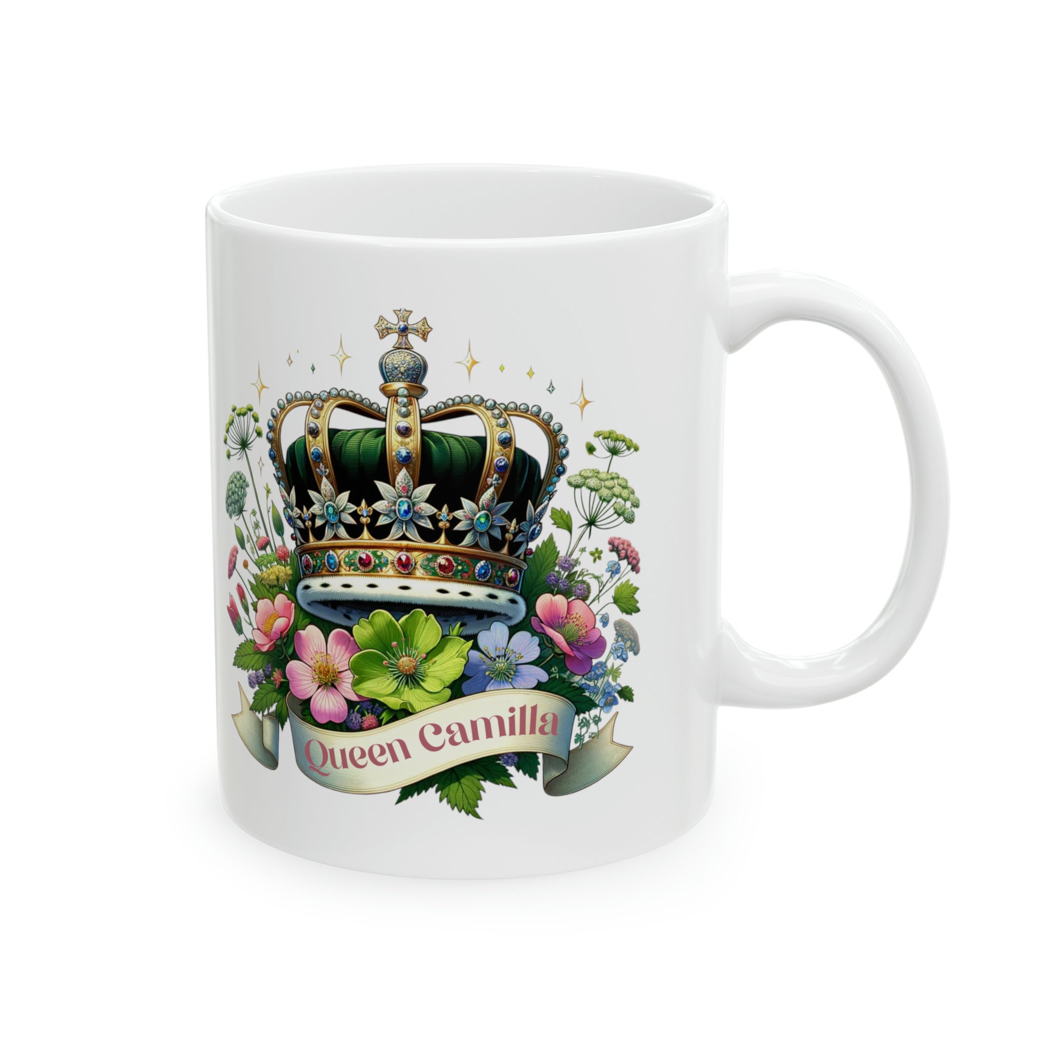 Queen Crown Floral Mug - British Royal Inspired Ceramic Cup - Elegant ...