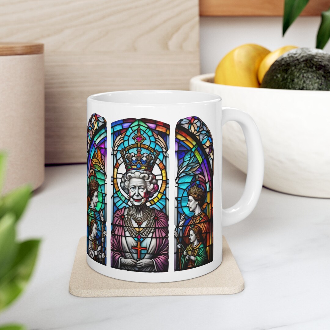 Royal Splendor: Stained Glass Queen Elizabeth II Design White Mug ...