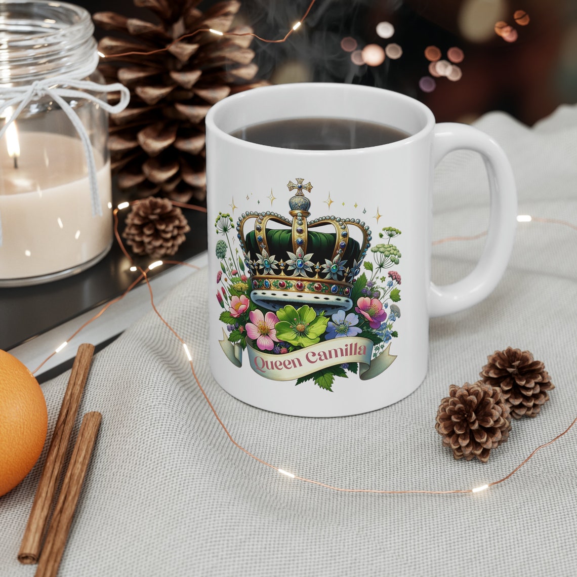 Queen Crown Floral Mug - British Royal Inspired Ceramic Cup - Elegant ...