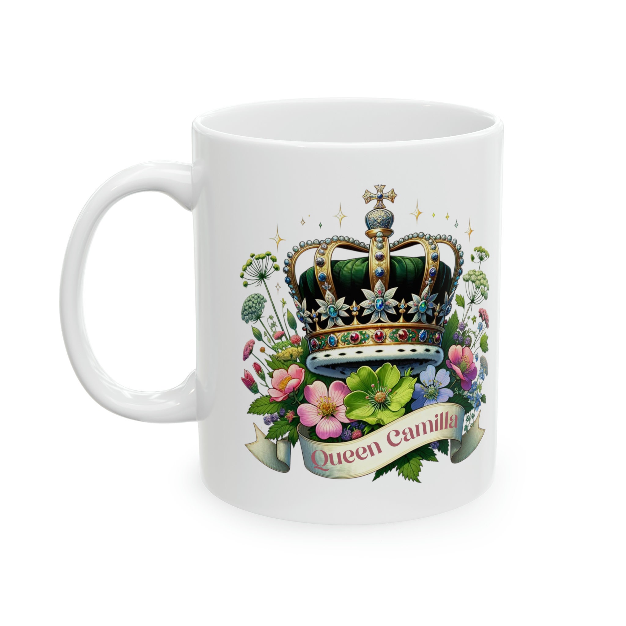Queen Crown Floral Mug - British Royal Inspired Ceramic Cup - Elegant ...