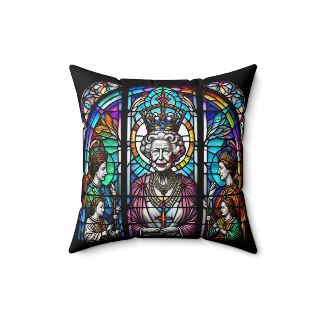 Elegant Majesty: Stained Glass Queen Elizabeth II Design Black Cushion ...