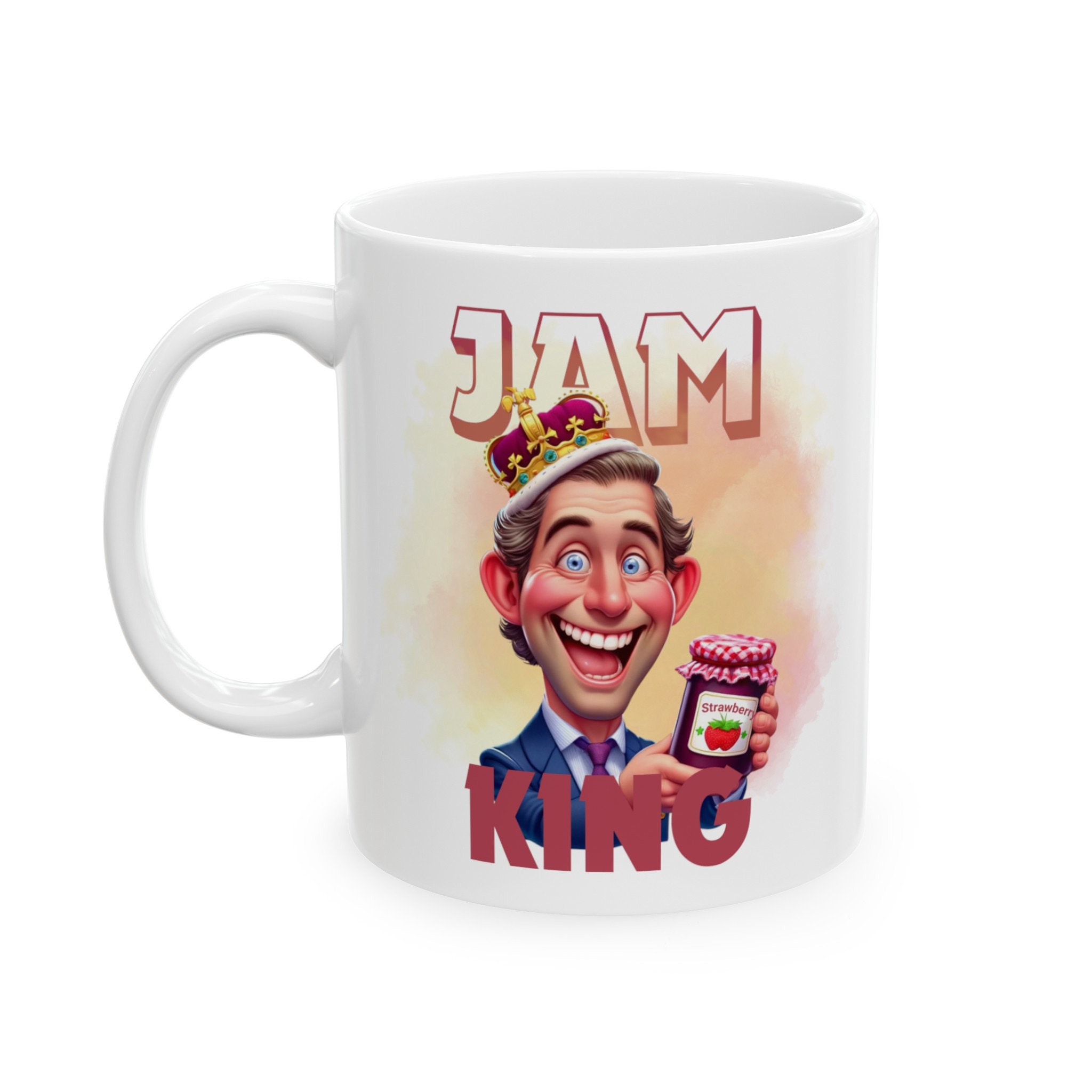 Jam King Mug - Whimsical King Charles Lookalike With Crown & Strawberry ...