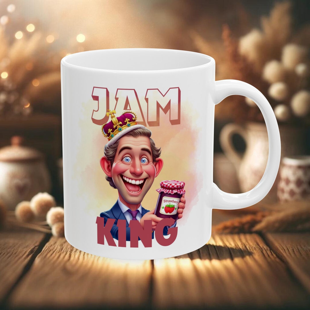 Jam King Mug - Whimsical King Charles Lookalike With Crown & Strawberry ...