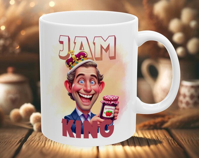 Jam King Mug - Whimsical King Charles Lookalike With Crown & Strawberry ...
