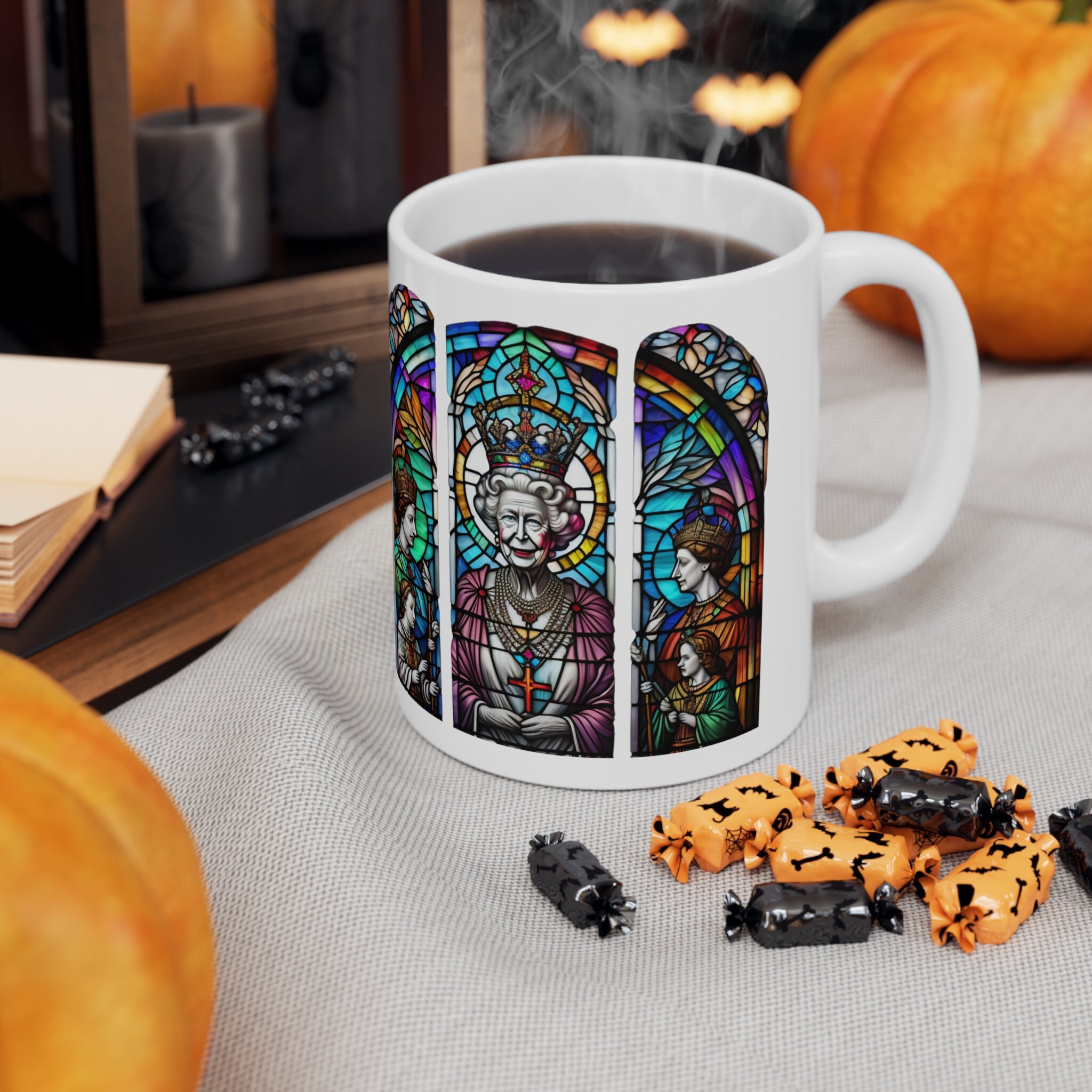 Royal Splendor: Stained Glass Queen Elizabeth II Design White Mug ...