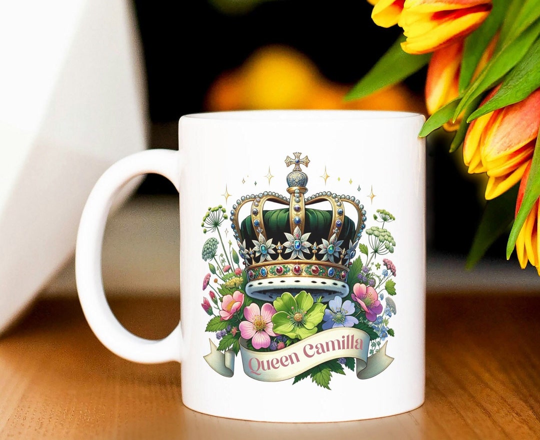 Queen Crown Floral Mug - British Royal Inspired Ceramic Cup - Elegant ...