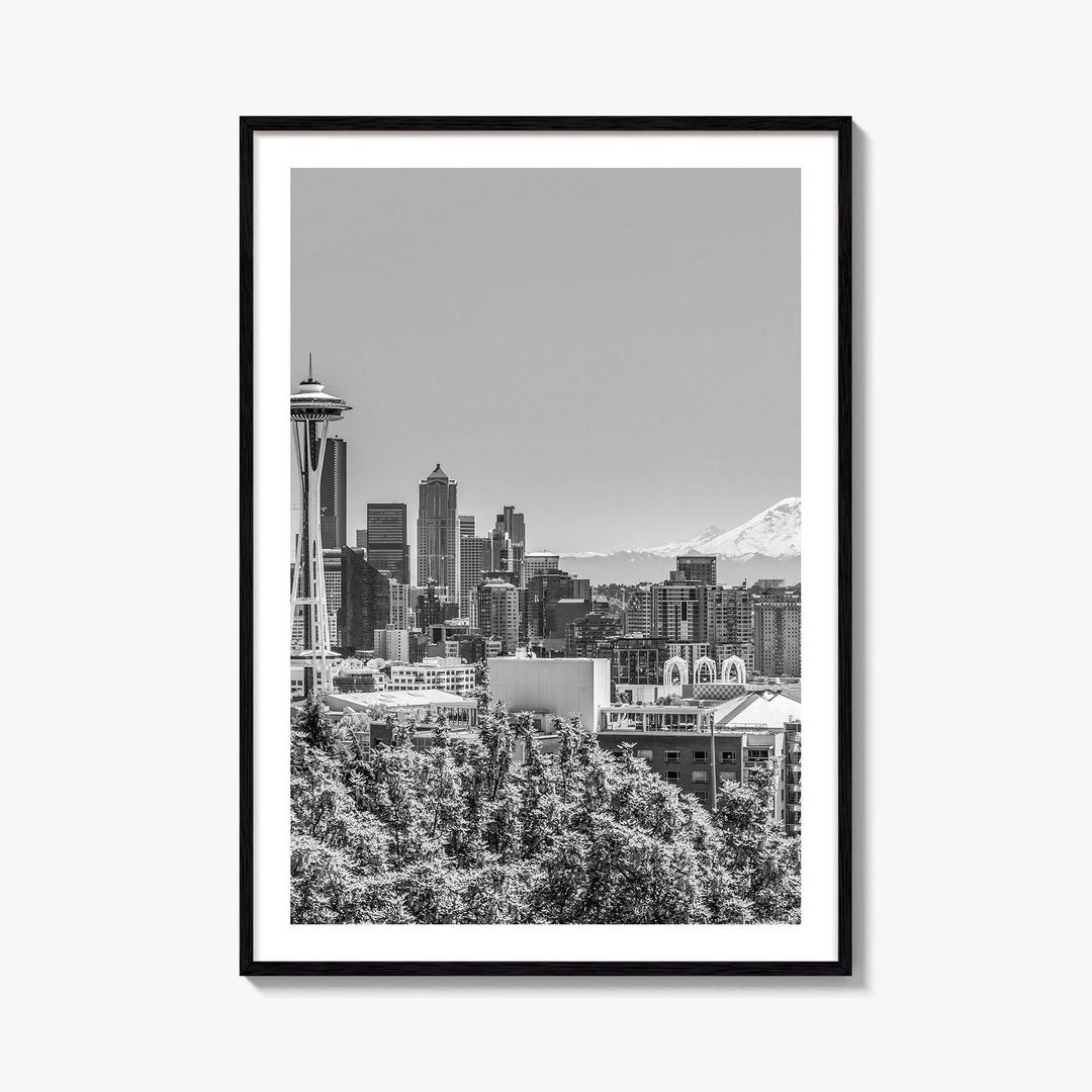 Seattle Skyline Black and White Fine Art Photo Print, Mount Rainier ...