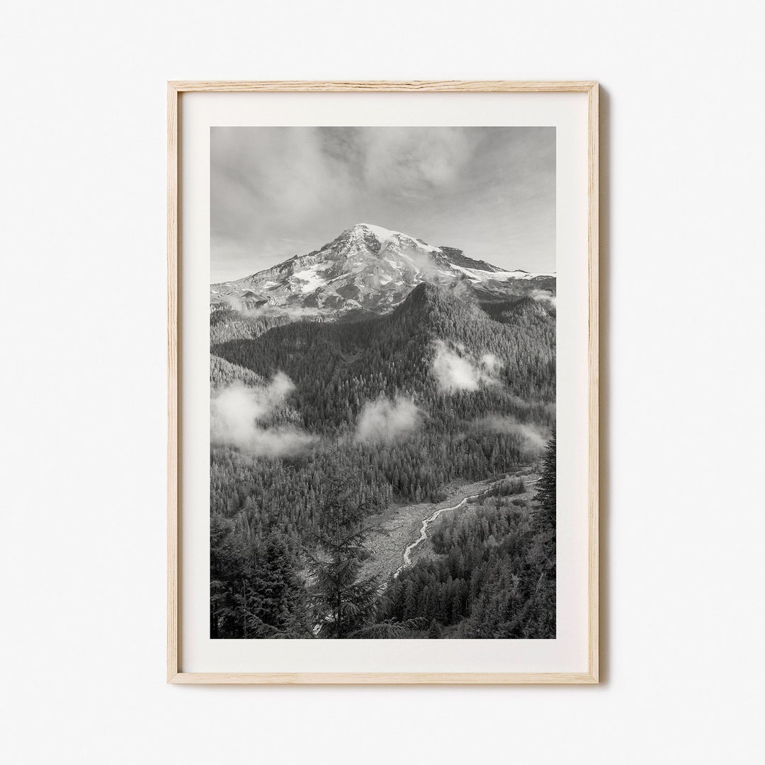Mount Rainier Photo Poster Print, Mount Rainier Black and White Wall ...