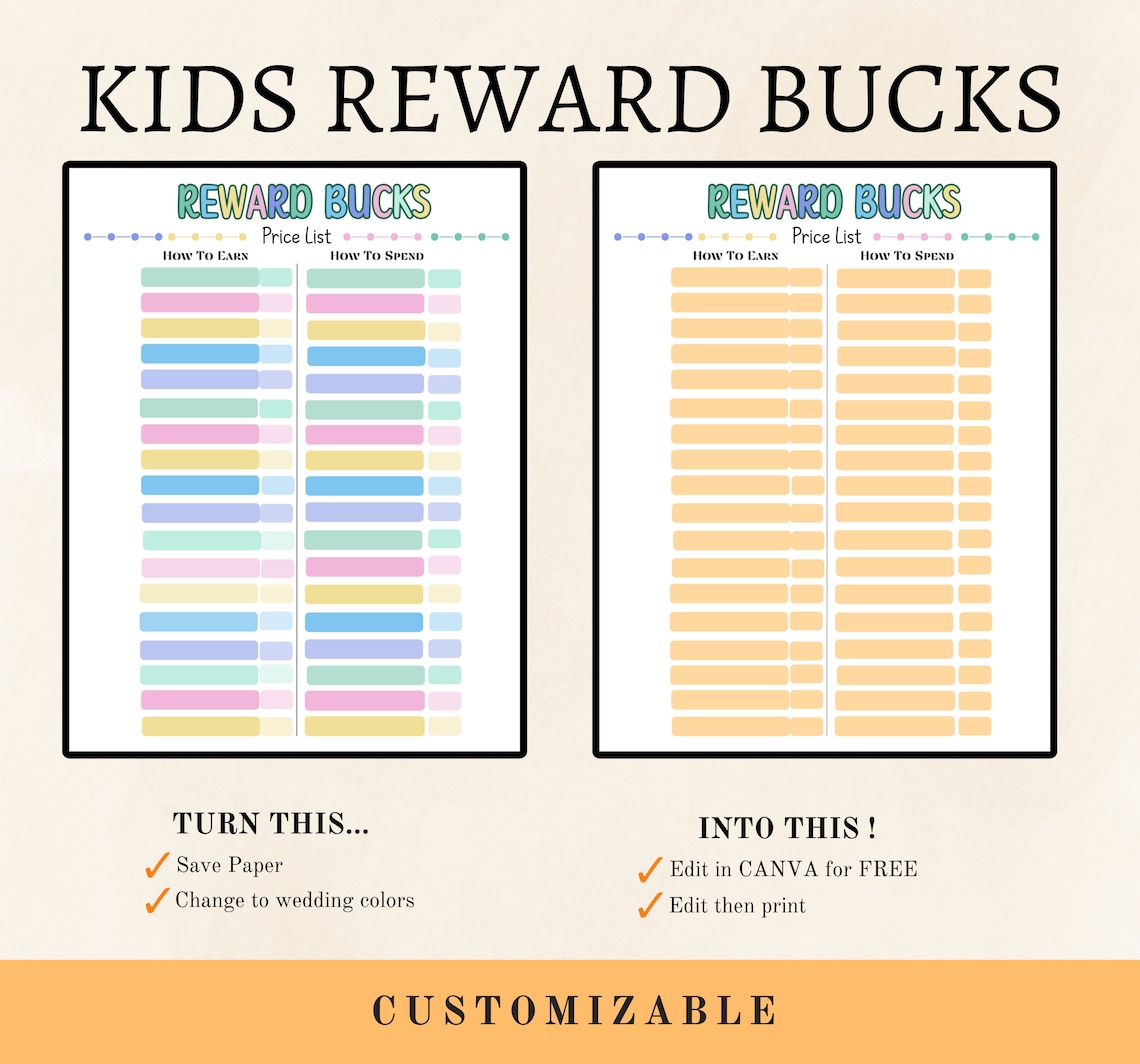 Editable Kids Reward Bucks Earn Money Chart PDF Reward - Etsy