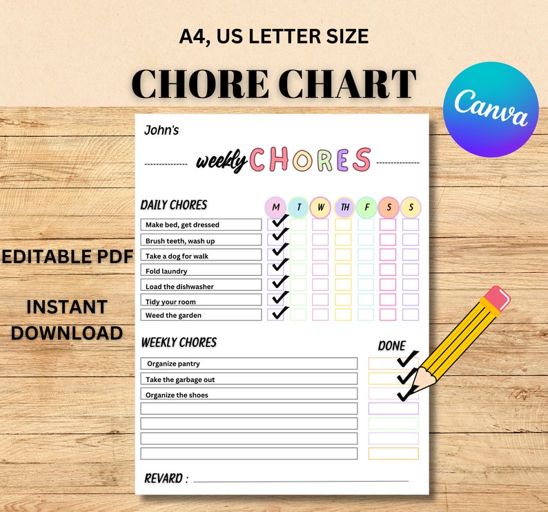 Chore Chart, Printable Editable Daily & Weekly Kids Chore ...
