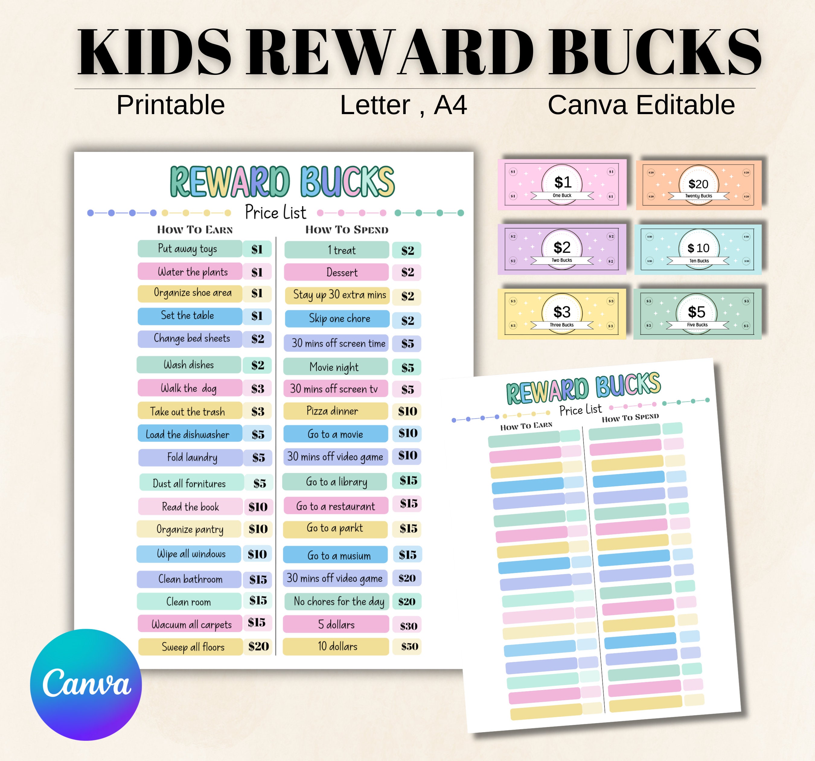 Editable Kids Reward Bucks, Earn Money Chart, PDF Reward System for ...