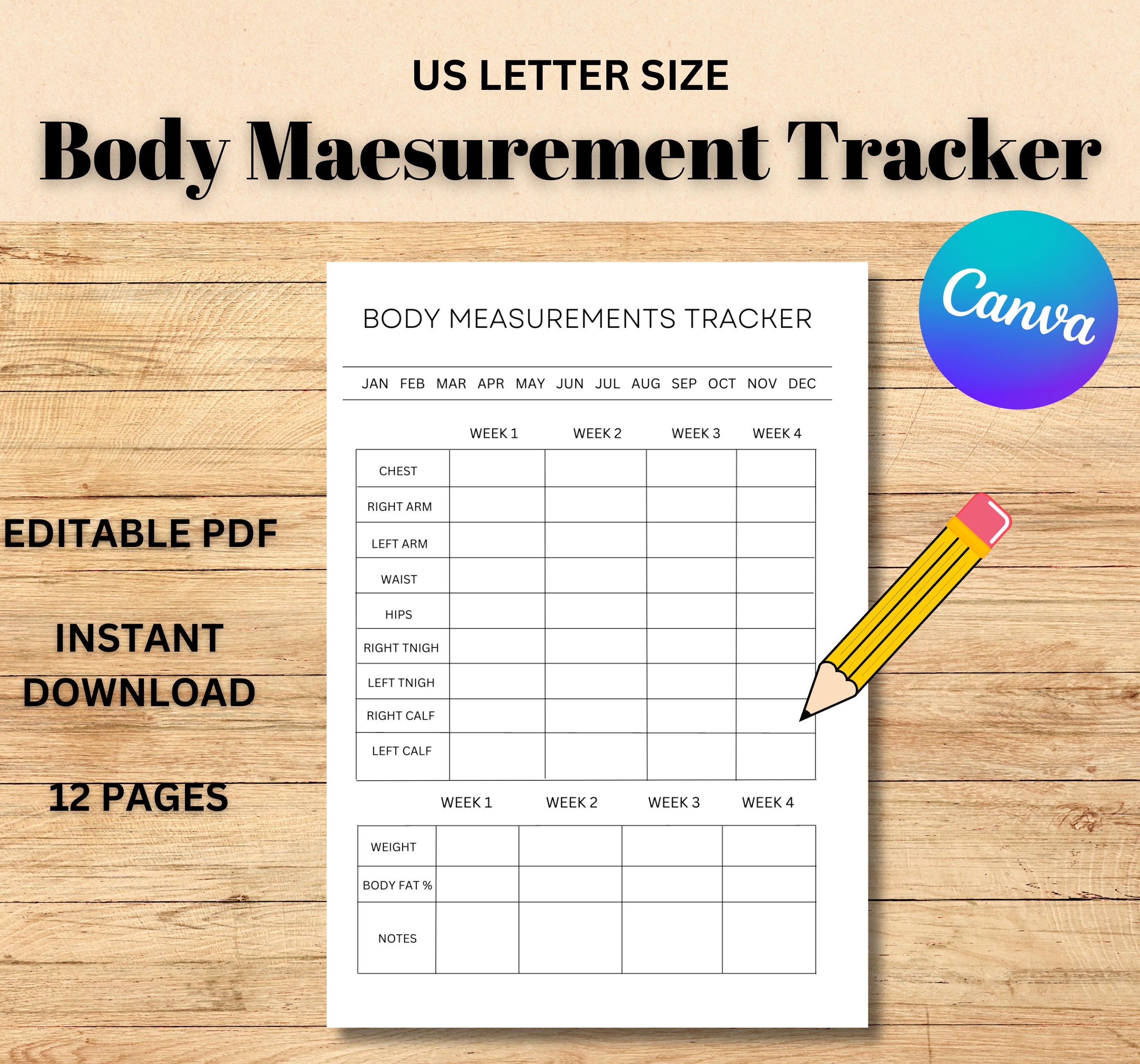 Body Measurement Tracker Printable, Body Measurement Chart, Weight Loss ...