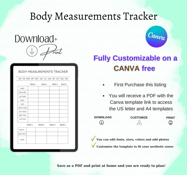 Body Measurement Tracker Printable, Body Measurement Chart, Weight Loss ...