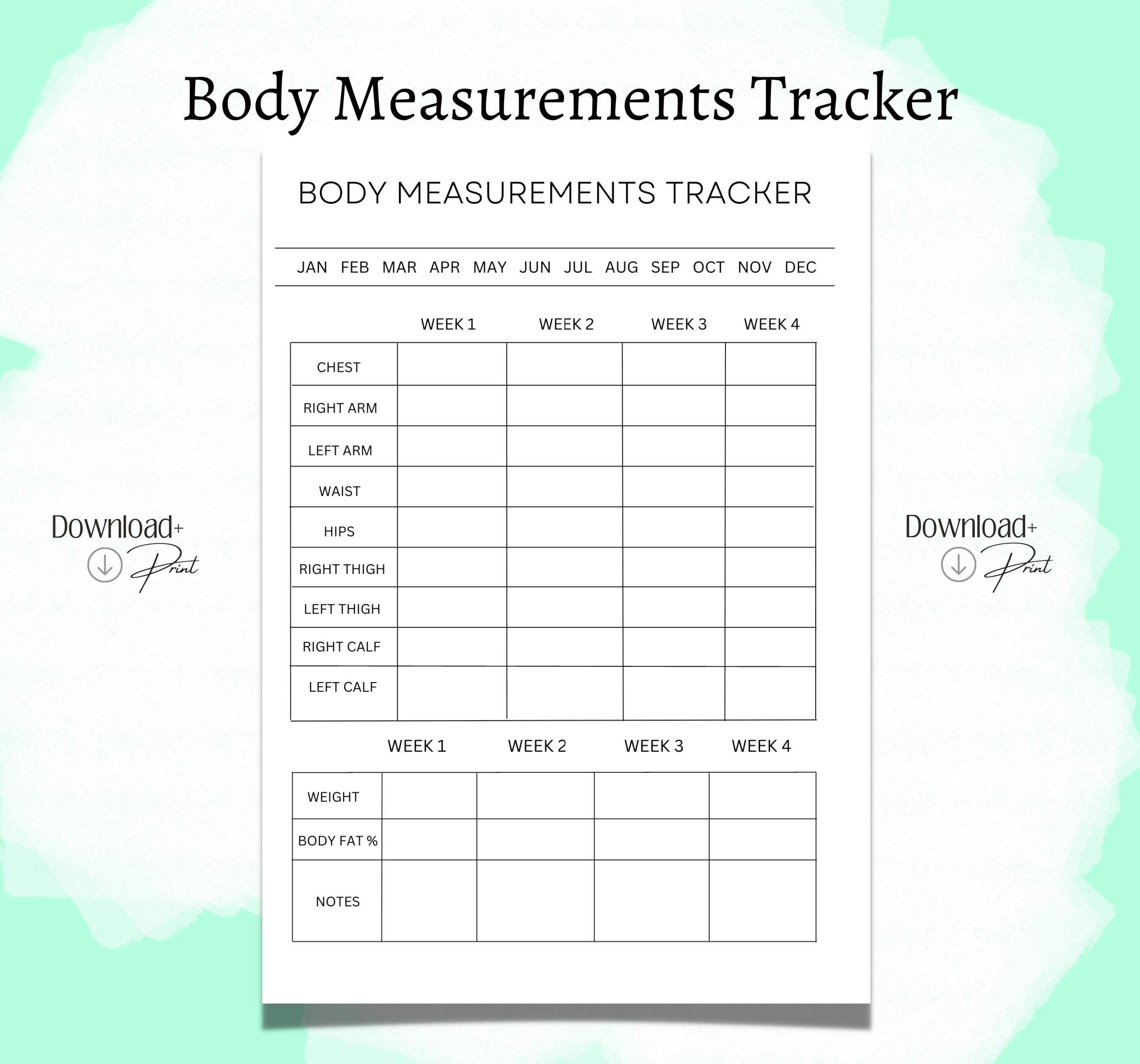 Body Measurement Tracker Printable, Body Measurement Chart, Weight Loss ...