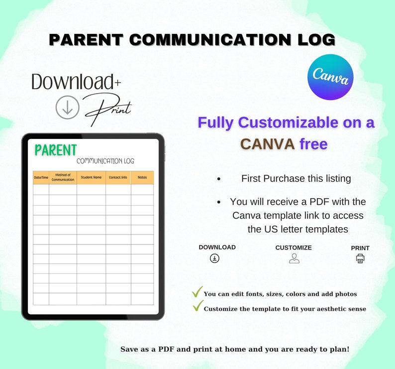 Back to School, Sign in Sheet, Parent Communication, Log Printable ...