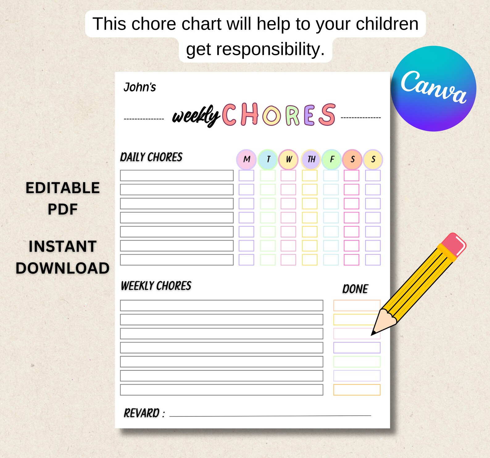 Chore chart, Printable Editable Daily & Weekly Kids Chore ...