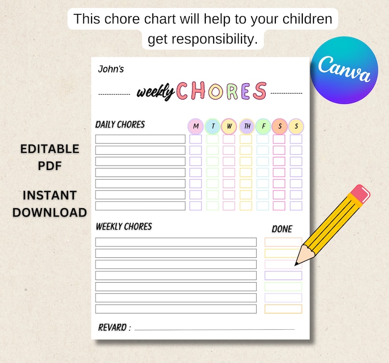 Chore Chart, Printable Editable Daily & Weekly Kids Chore ...