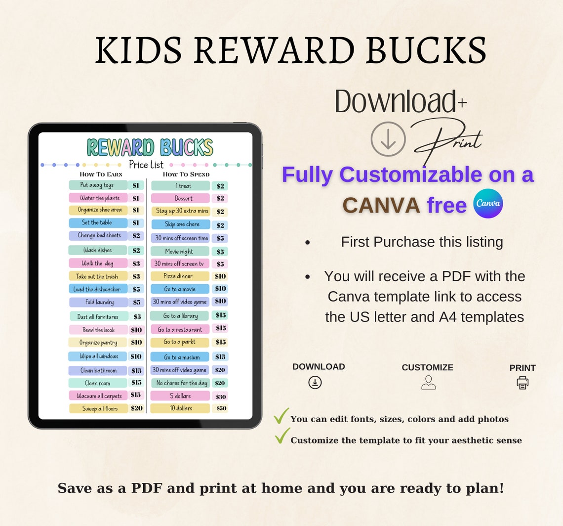 Editable Kids Reward Bucks Earn Money Chart PDF Reward - Etsy