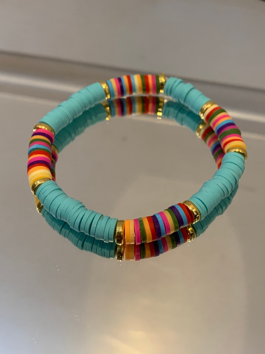 Handmade Blue and Colourful Clay Bead Bracelet (elastic) - Etsy