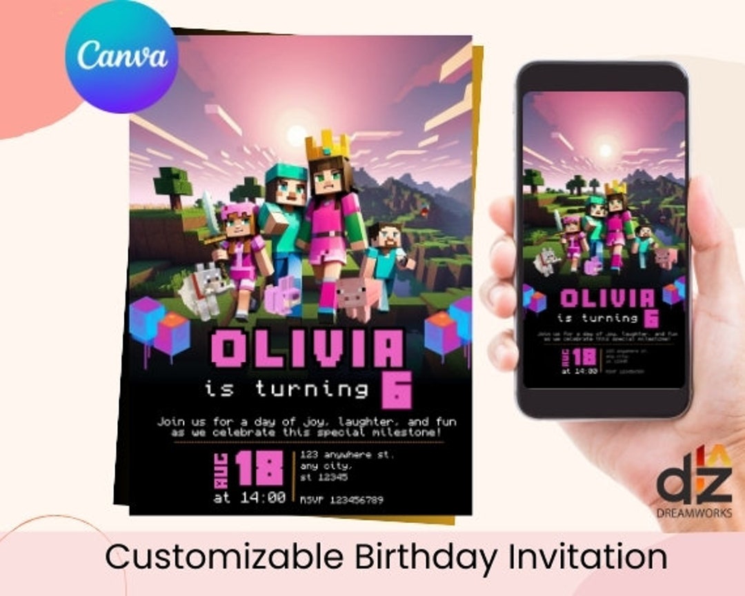 Editable Girl Minecraft Birthday Invitation, Minecrafter Birthday ...