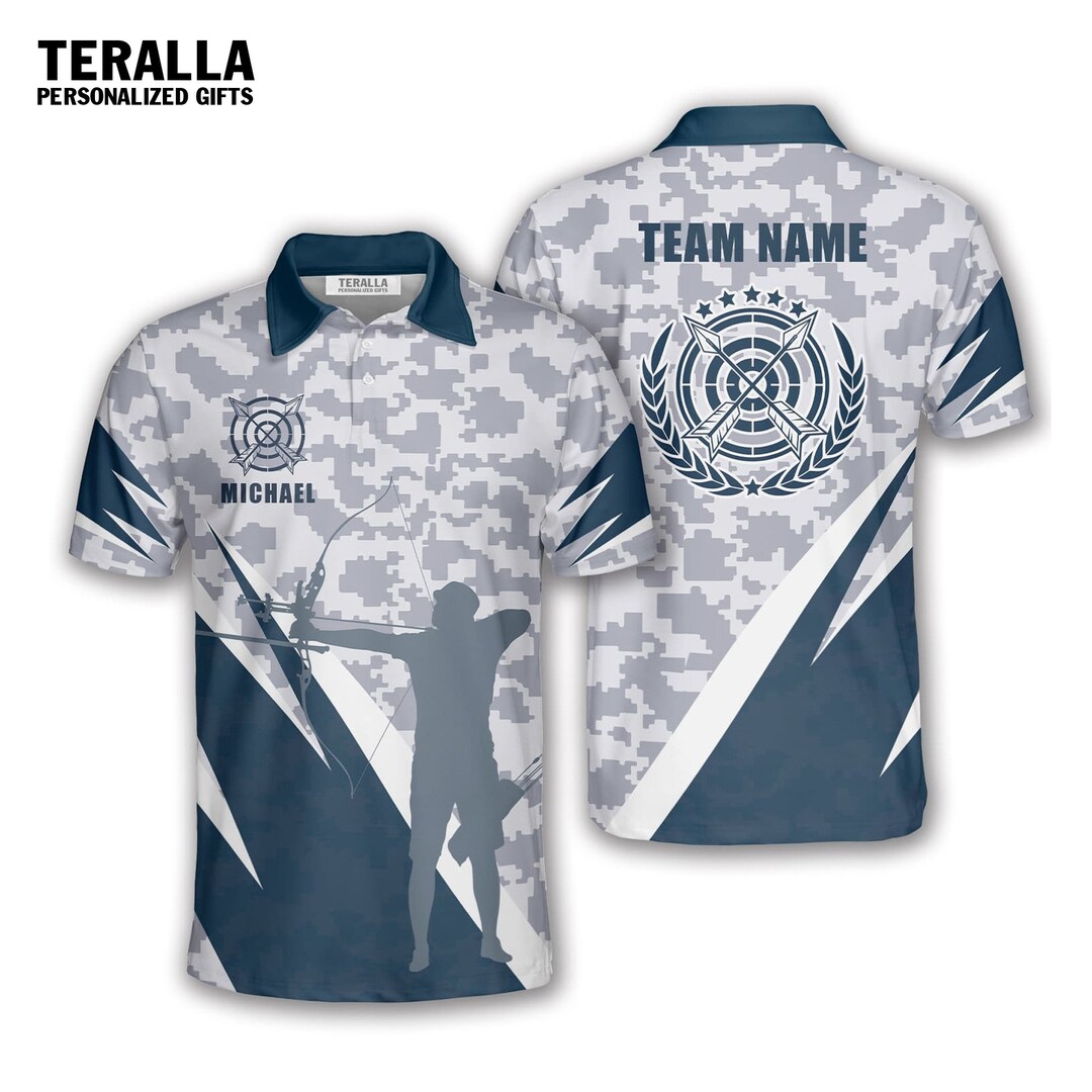 Custom Name, Team Archery Blue Grey Digital Camo Short Sleeve Polo ...