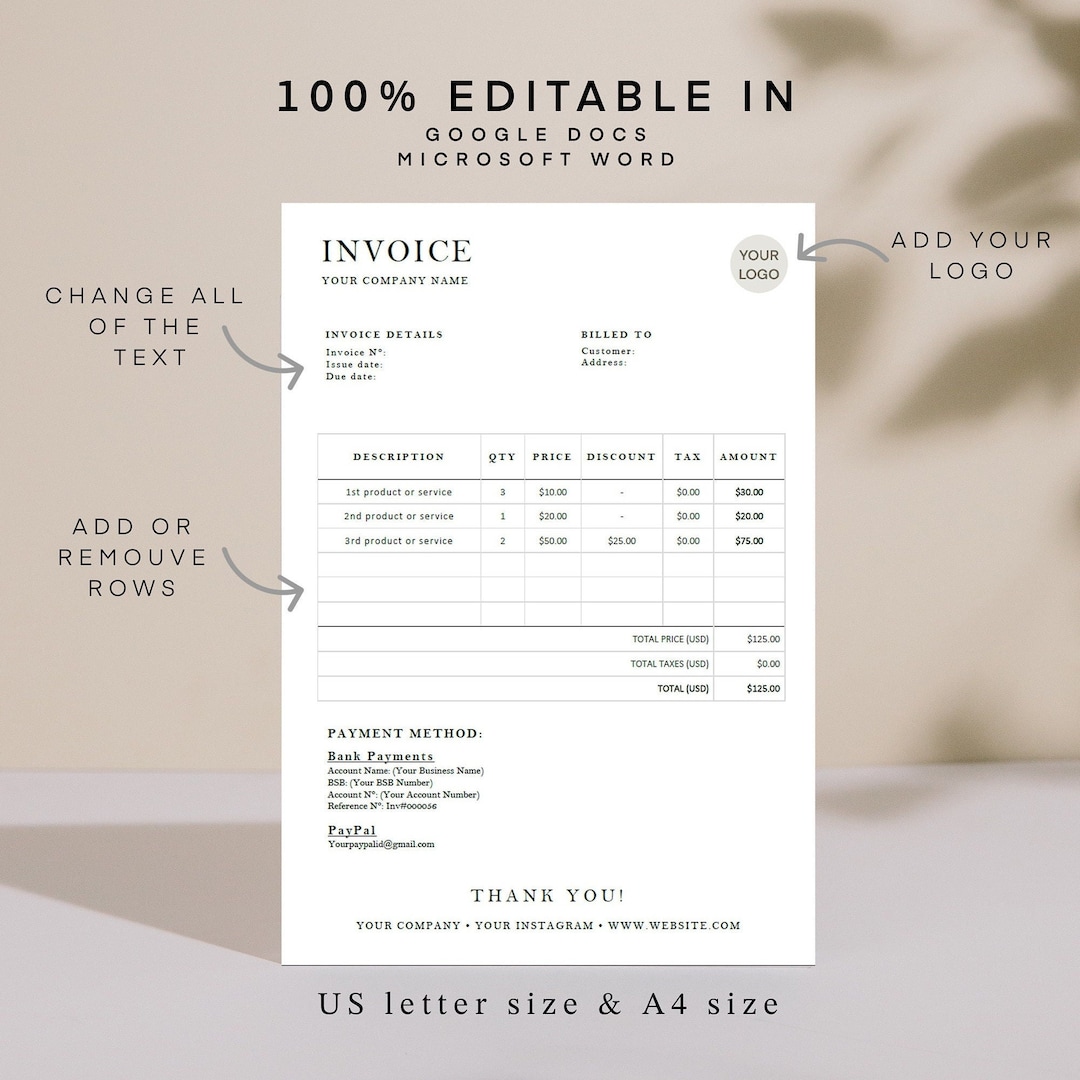 Business Invoice Template Word and Google Docs - Etsy