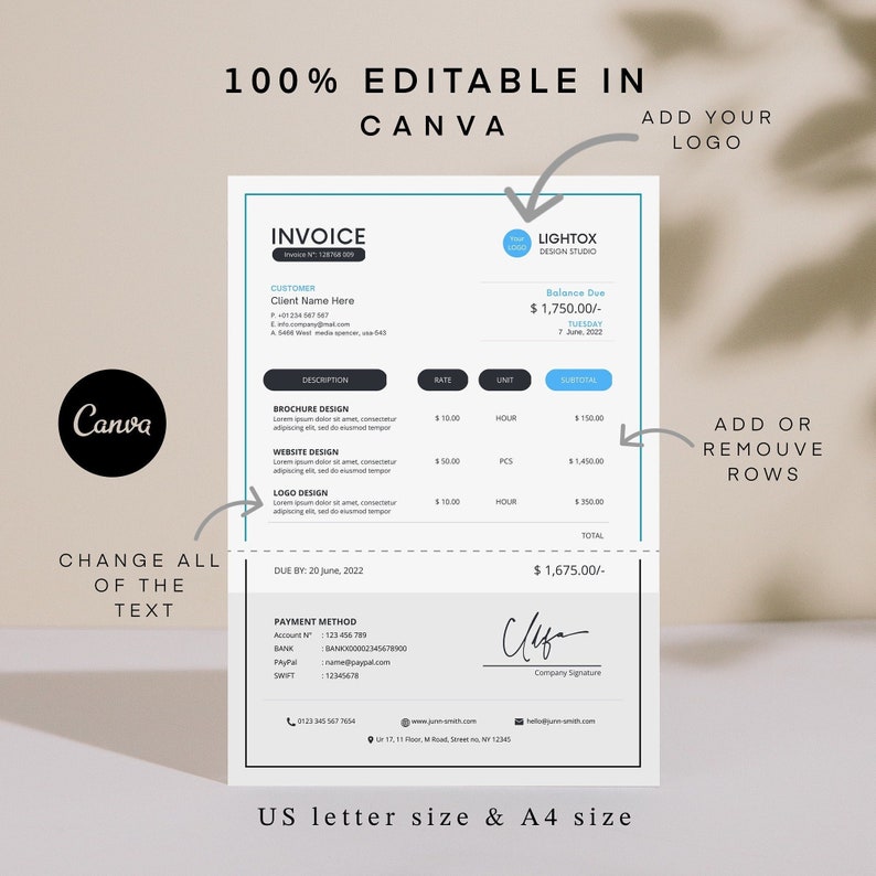 Modern Invoice Template Canva - Etsy
