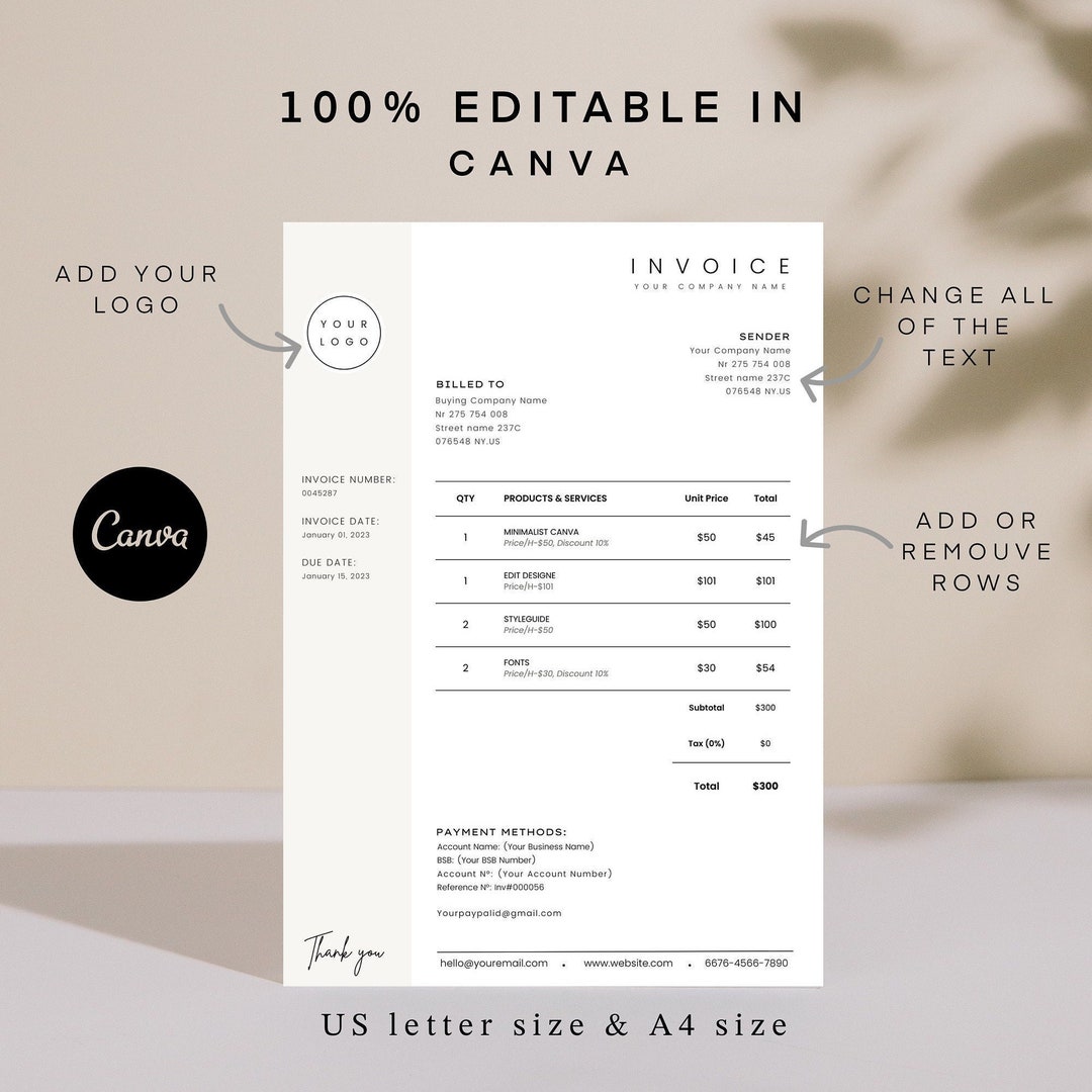 Minimalist Invoice Template CANVA - Etsy