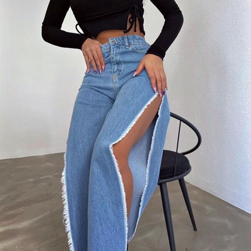 Women Sexy Side Slit Black Jeans Summer Cut Out Blue High - Etsy