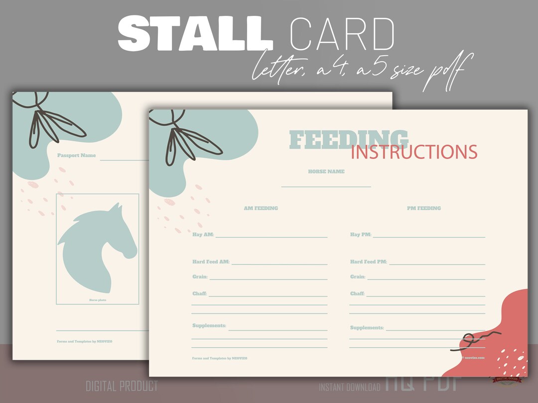 Horse Stall Card, Printable Horse Stable Card, Horse Husbandry ...