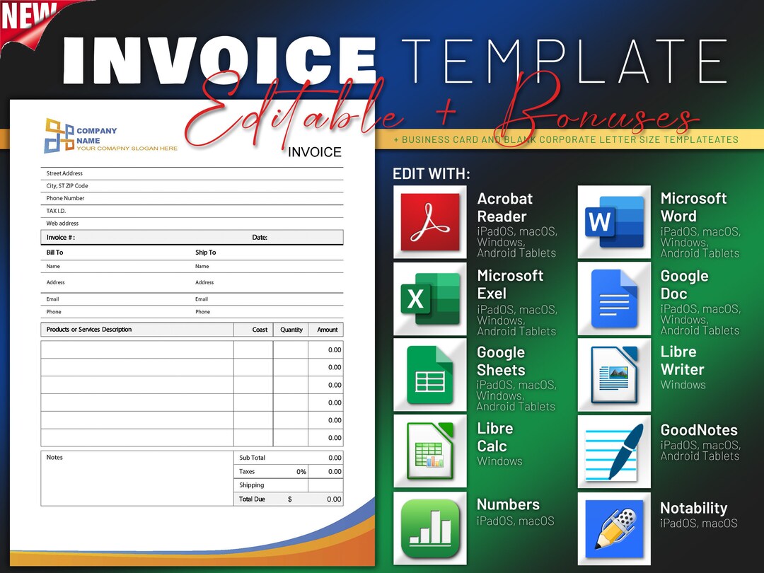 Invoice Template. Editable in Adobe Reader, Google Chrome, Microsoft ...