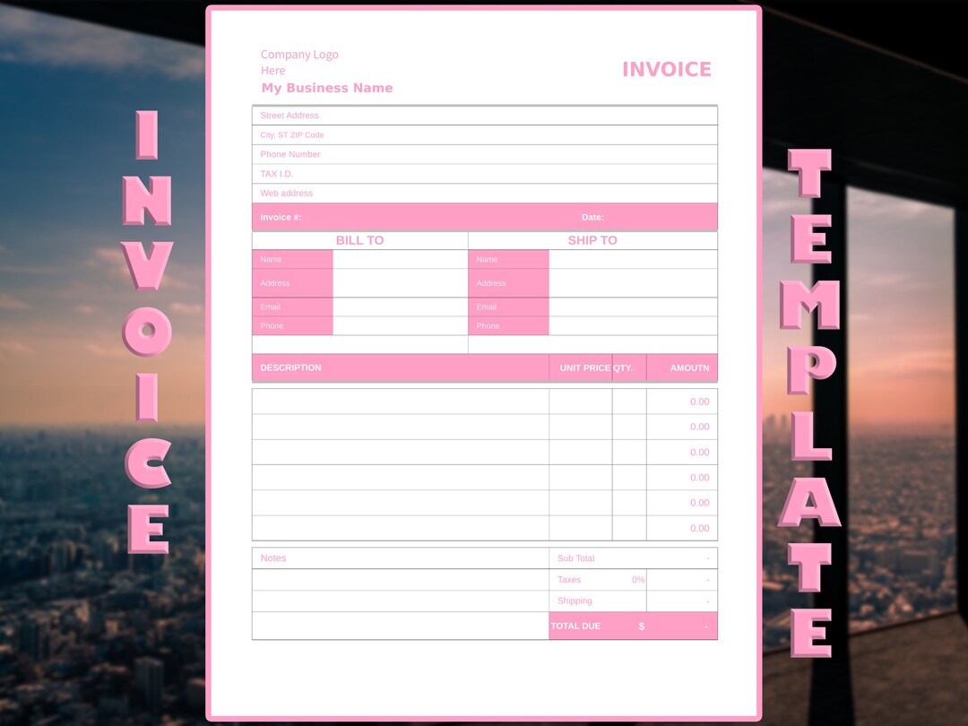 Invoice Template Pink Editable in Microsoft Exel and Word Google Sheet ...