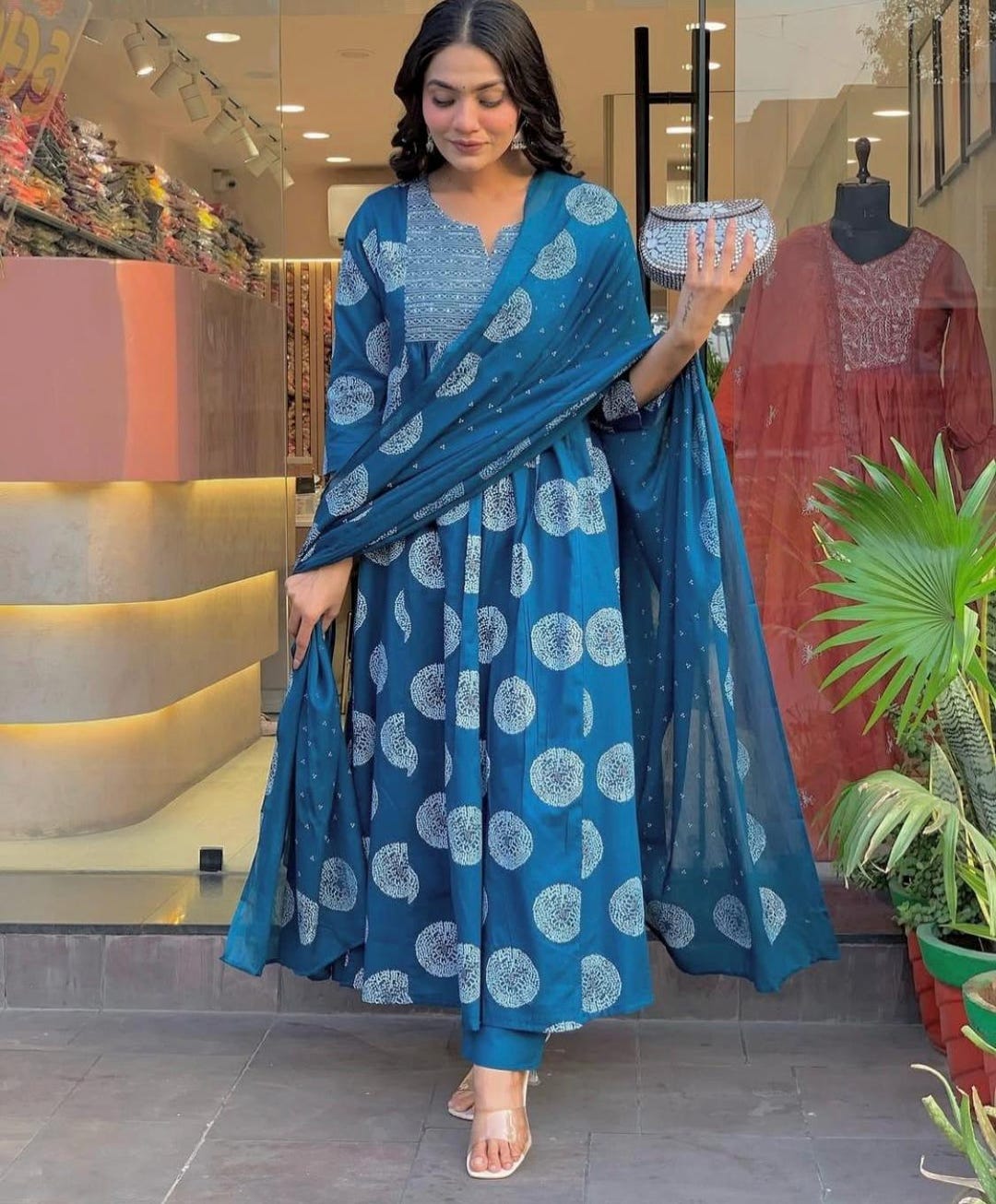 Women's Traditional Blue Anarkali Kurti Pant With Dupatta Set, Indian ...