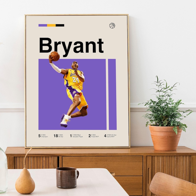 Kobe Bryant Poster - Minimalist Mid Century Modern Basketball Wall Art ...