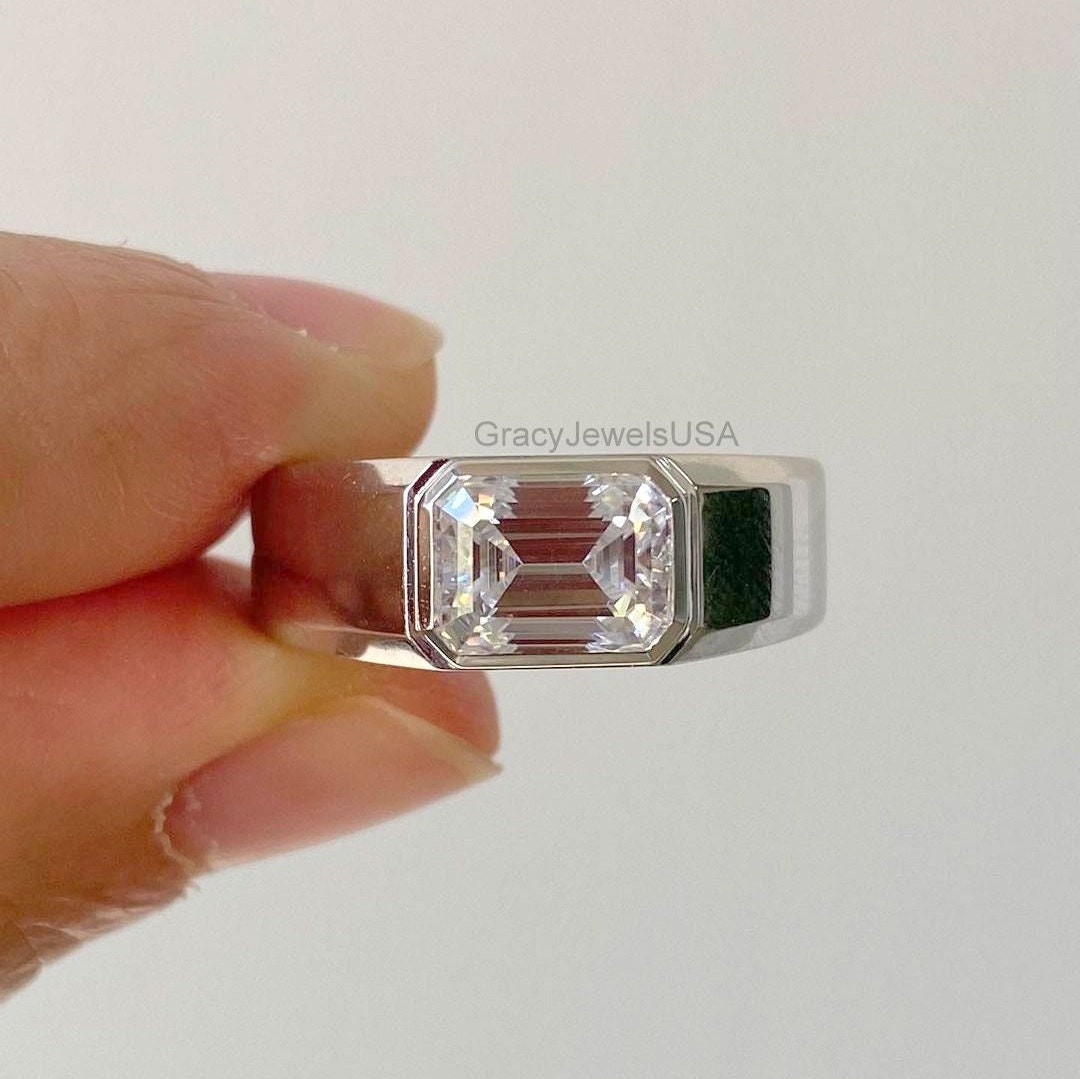 Emerald Cut Moissanite Diamond Ring, 14K Gold Men's Band, Wedding Band ...