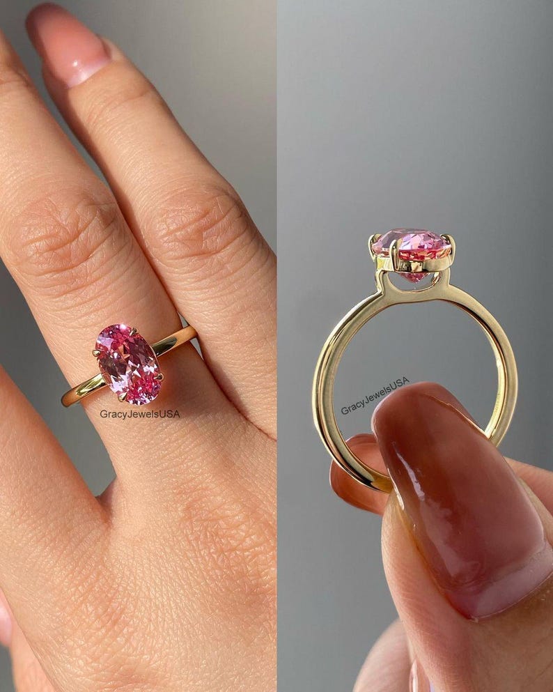 14k Padparadscha Sapphire Ring, Oval Pink Sapphire Ring, Pink Sapphire ...