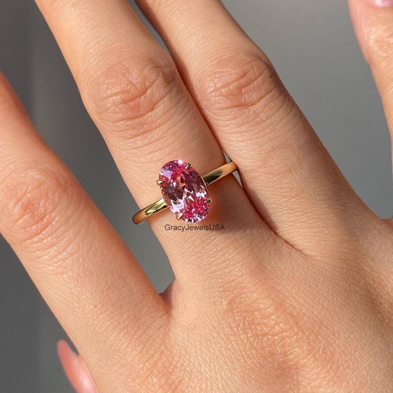 14k Padparadscha Sapphire Ring, Oval Pink Sapphire Ring, Pink Sapphire ...